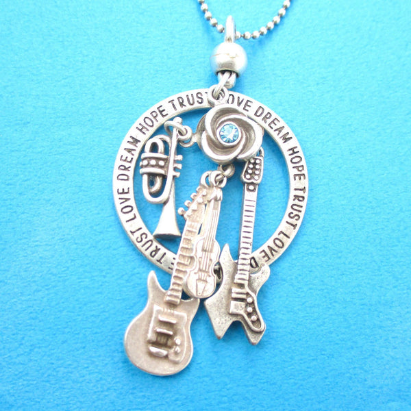 Guitar Violin Trumpet Musical Instrument Themed Charm Necklace in Silv ...