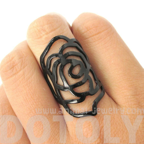 Large Classic Floral Rose Dye Cut Shaped Ring in Black | DOTOLY